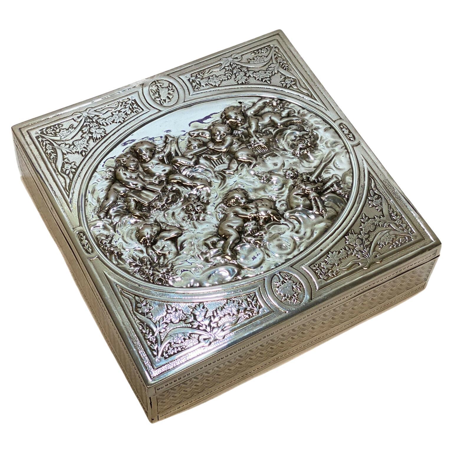 French Silver Repousse Vanity or Cigar Box, Cherubs Playing Instruments ...