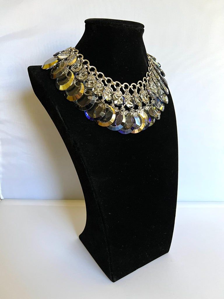 French Silver-tone Blue Crystal Bib Necklace at 1stDibs