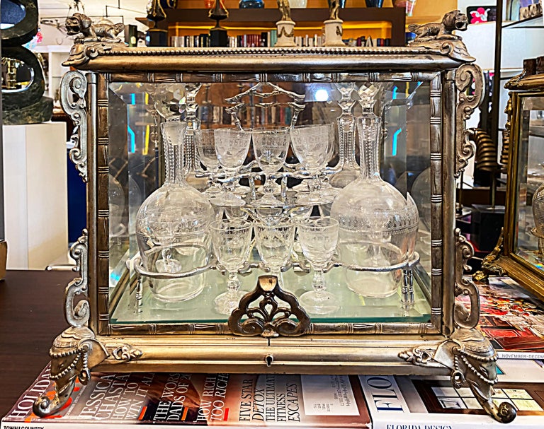 French Silvered Bronze Cut Crystal Tantalus Set, Decanters and ...