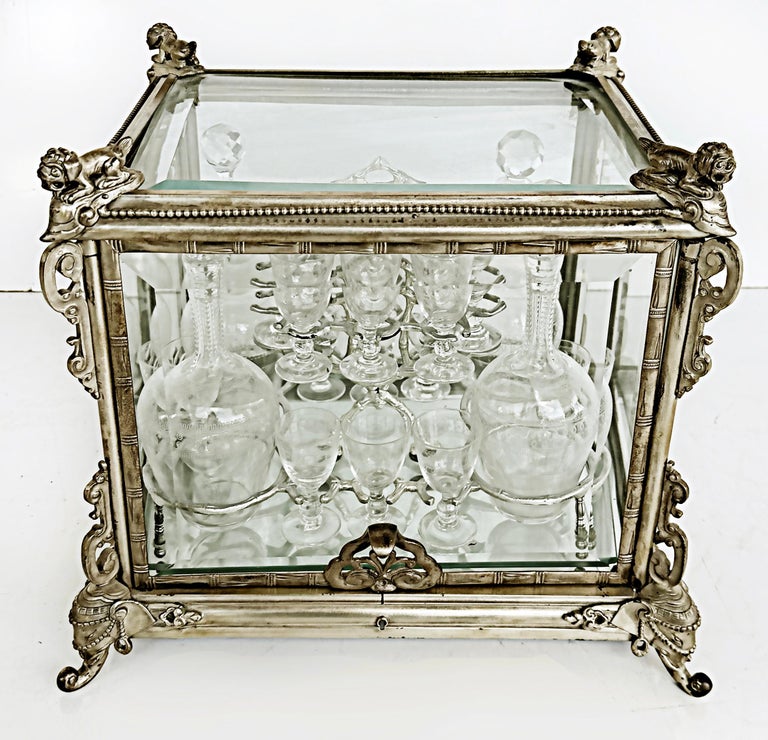 French Silvered Bronze Cut Crystal Tantalus Set, Decanters and Glassware For Sale at 1stDibs