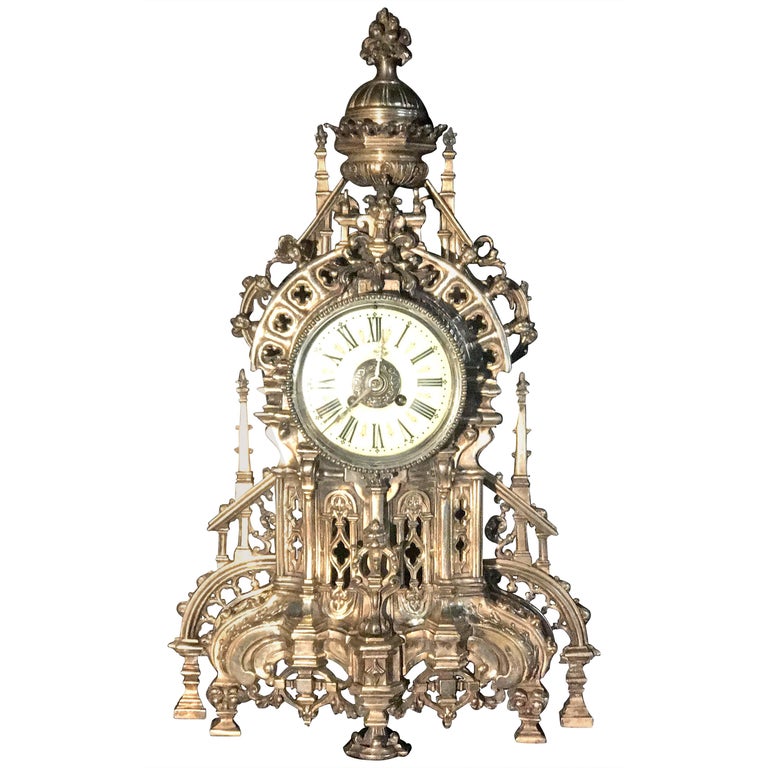French Silvered Gothic Cathedral Mantel or Table Clock, 19th Century at ...