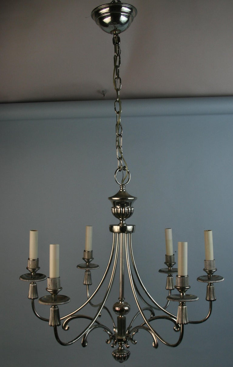 French Six Light Nickel Classical Modern Chandelier, 1960's For Sale at ...