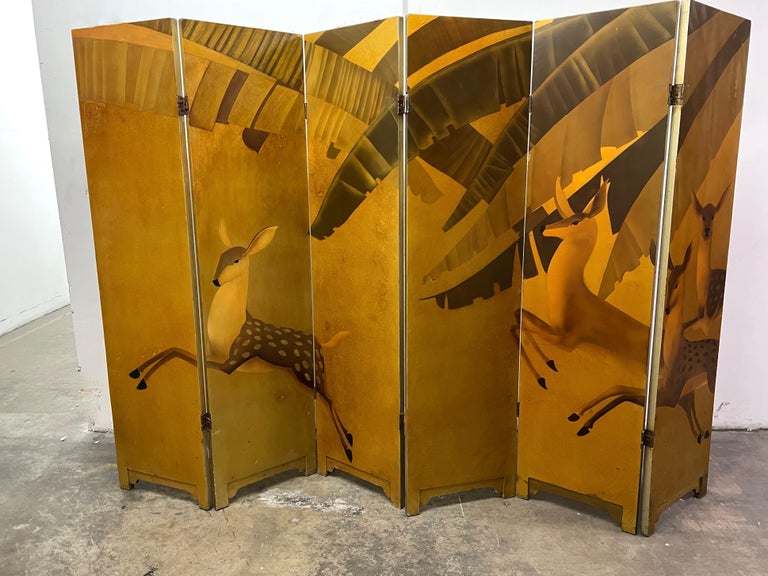 Six Panel Gilt French Art Deco Hand Painted Screen with Deer For Sale ...