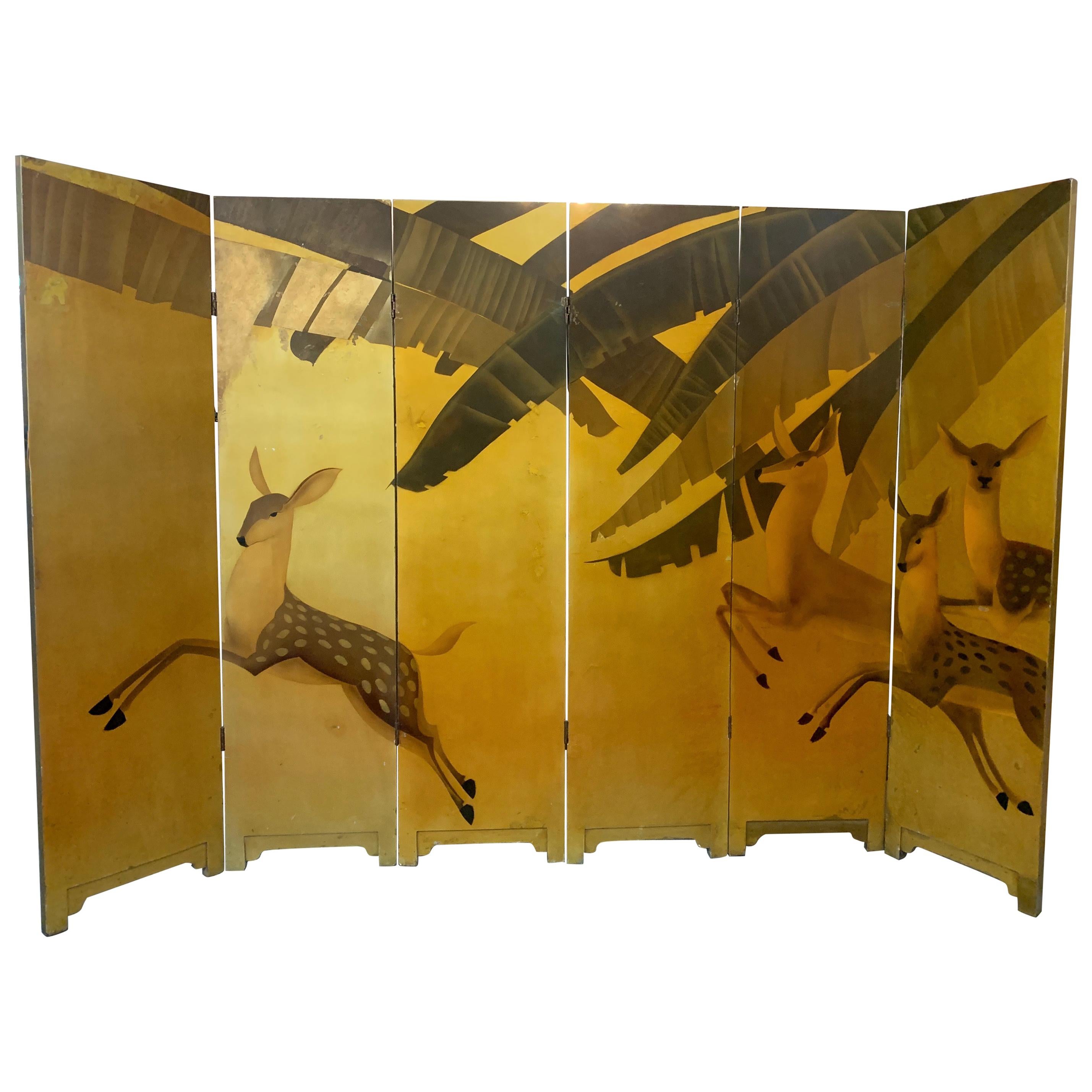 Six-Panel Large Art Deco Lacquer Screen For Sale at 1stDibs