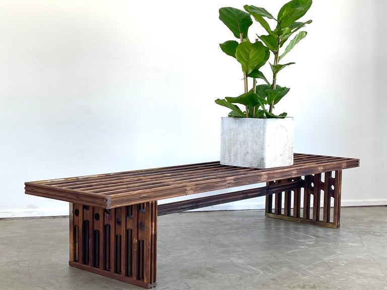 French Slatted Wood Bench at 1stDibs