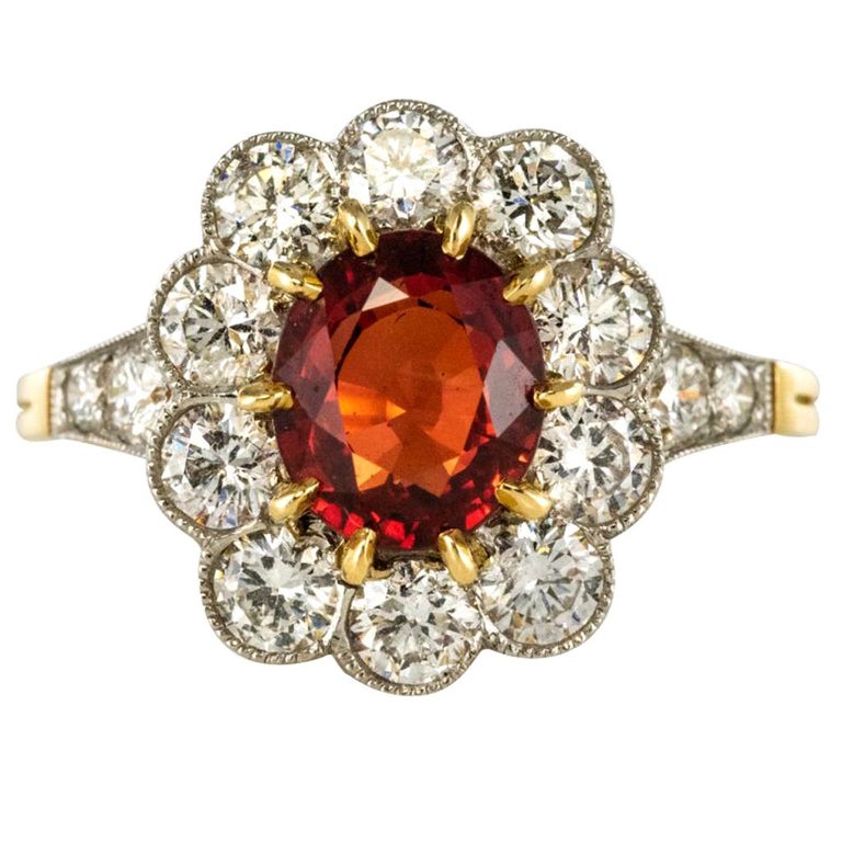 French Spessartite Garnet Diamond Gold Platinum Ring For Sale at ...