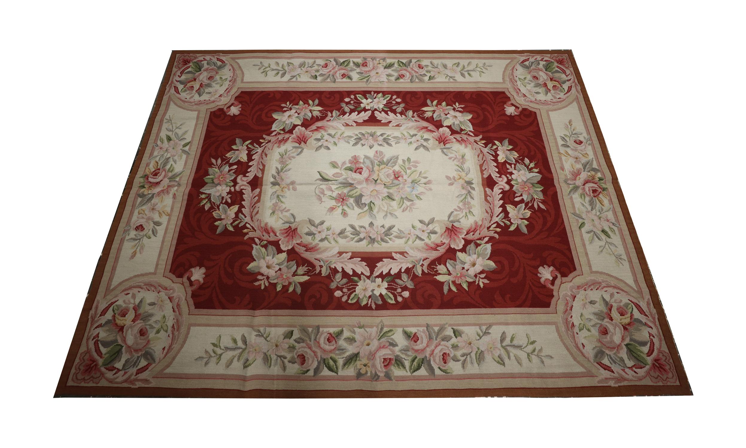 French Style Aubusson, Handwoven Carpet Red Wool Floral Rug For Sale at ...
