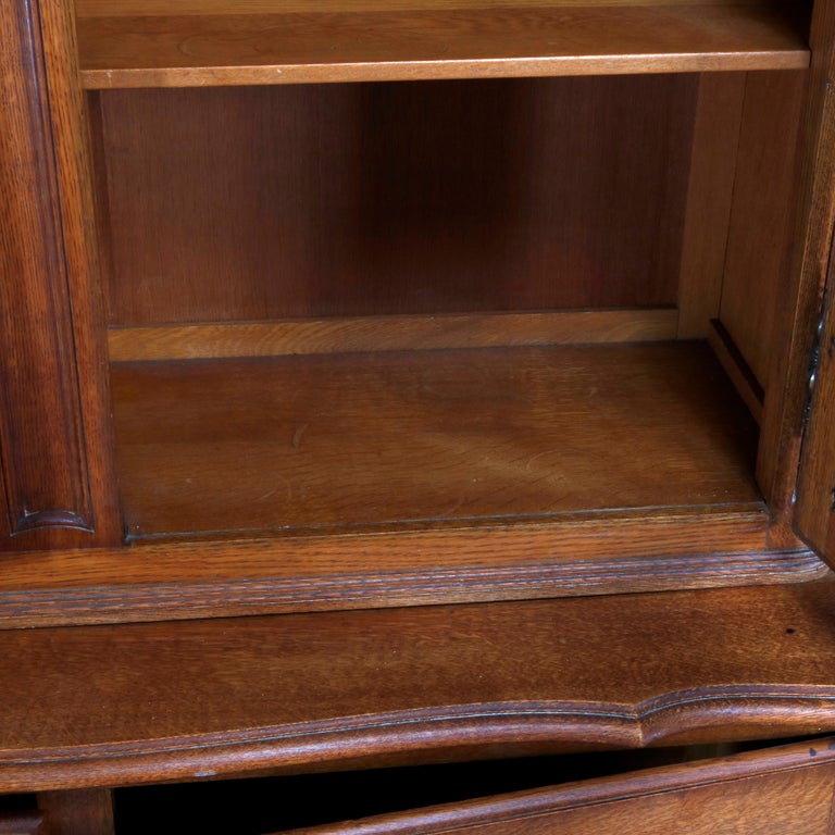 French Style Carved Oak Double Glass Door Breakfront Cabinet, 20th ...