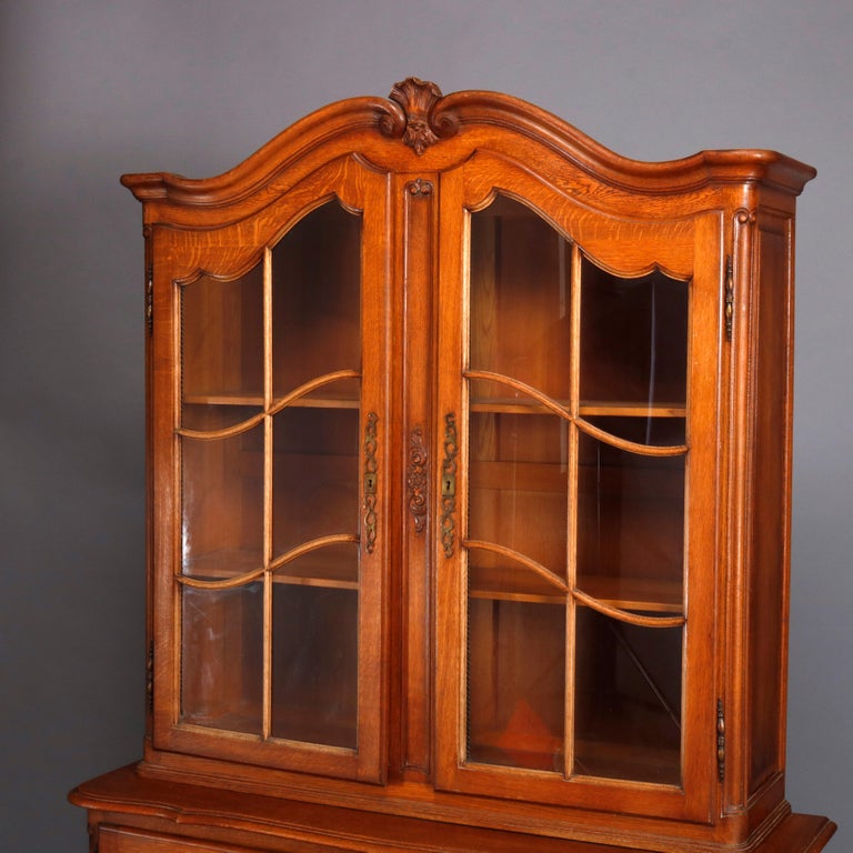 French Style Carved Oak Double Glass Door Breakfront Cabinet, 20th ...