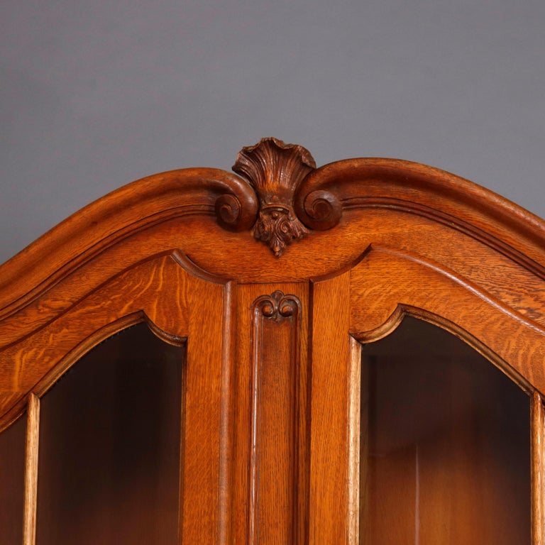 French Style Carved Oak Double Glass Door Breakfront Cabinet, 20th ...