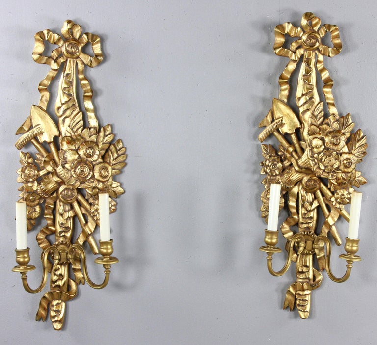 French Style Giltwood Wall Sconces with Bow and Swag Decoration, 20th ...