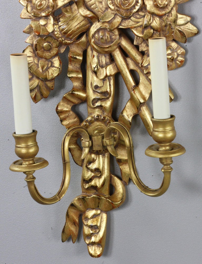 French Style Giltwood Wall Sconces with Bow and Swag Decoration, 20th ...