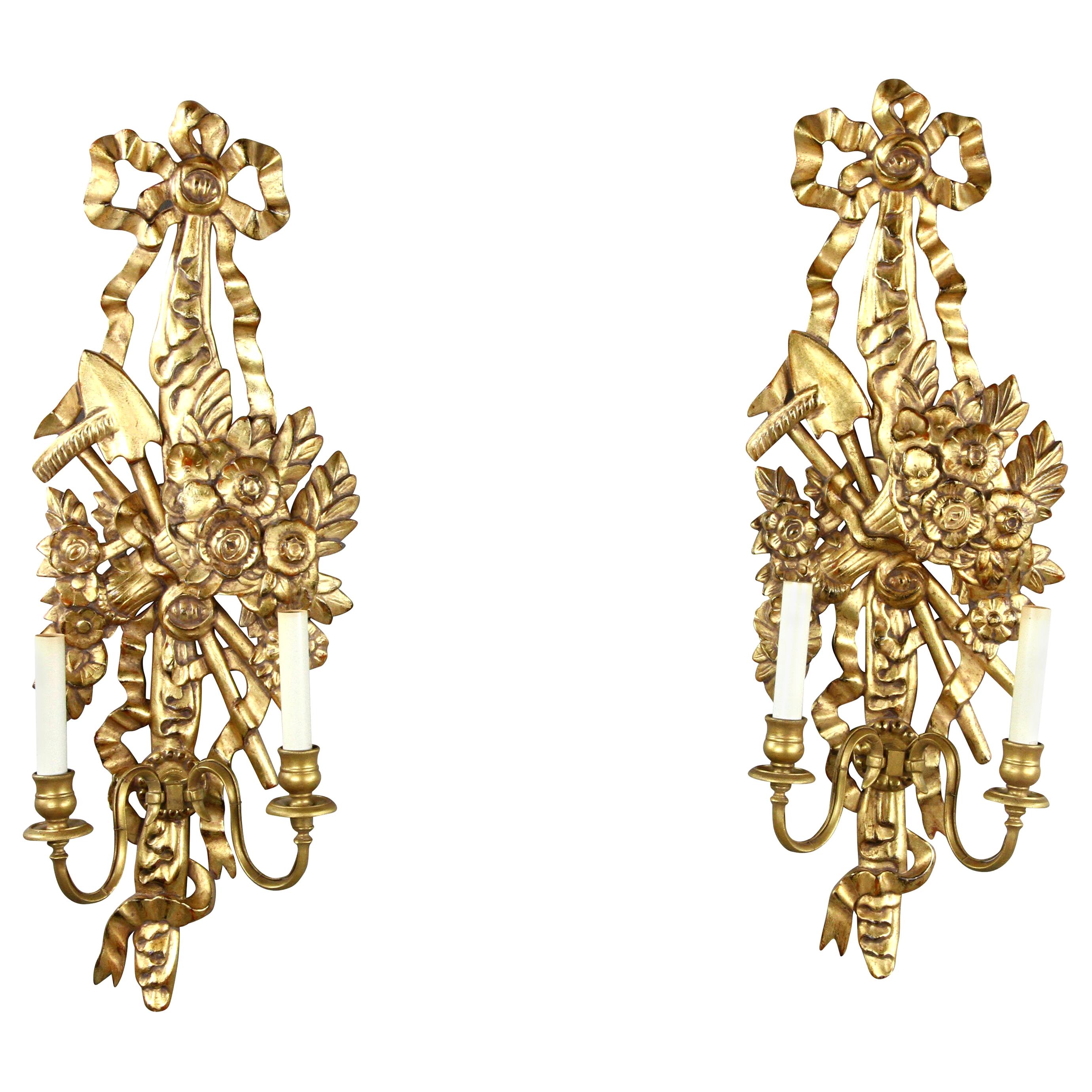 French Style Giltwood Wall Sconces with Bow and Swag Decoration, 20th ...