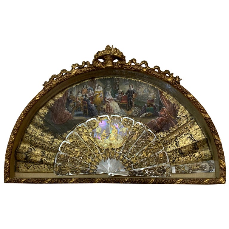 French Style Hand Painted Gilt Mother of Pearls Fan Shadow Box at 1stDibs