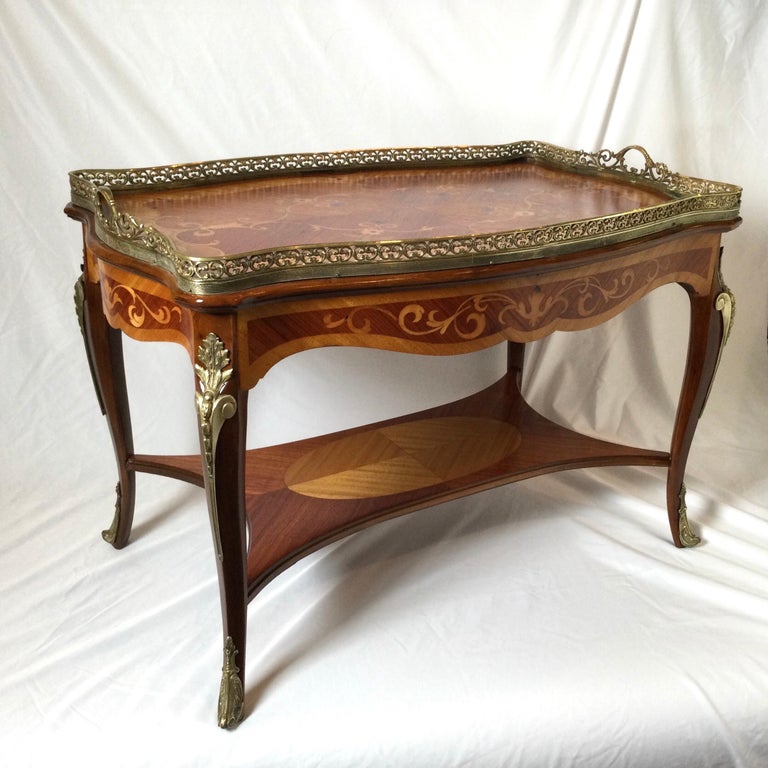 French Style Inlaid Gallery Edge Coffee Table at 1stDibs