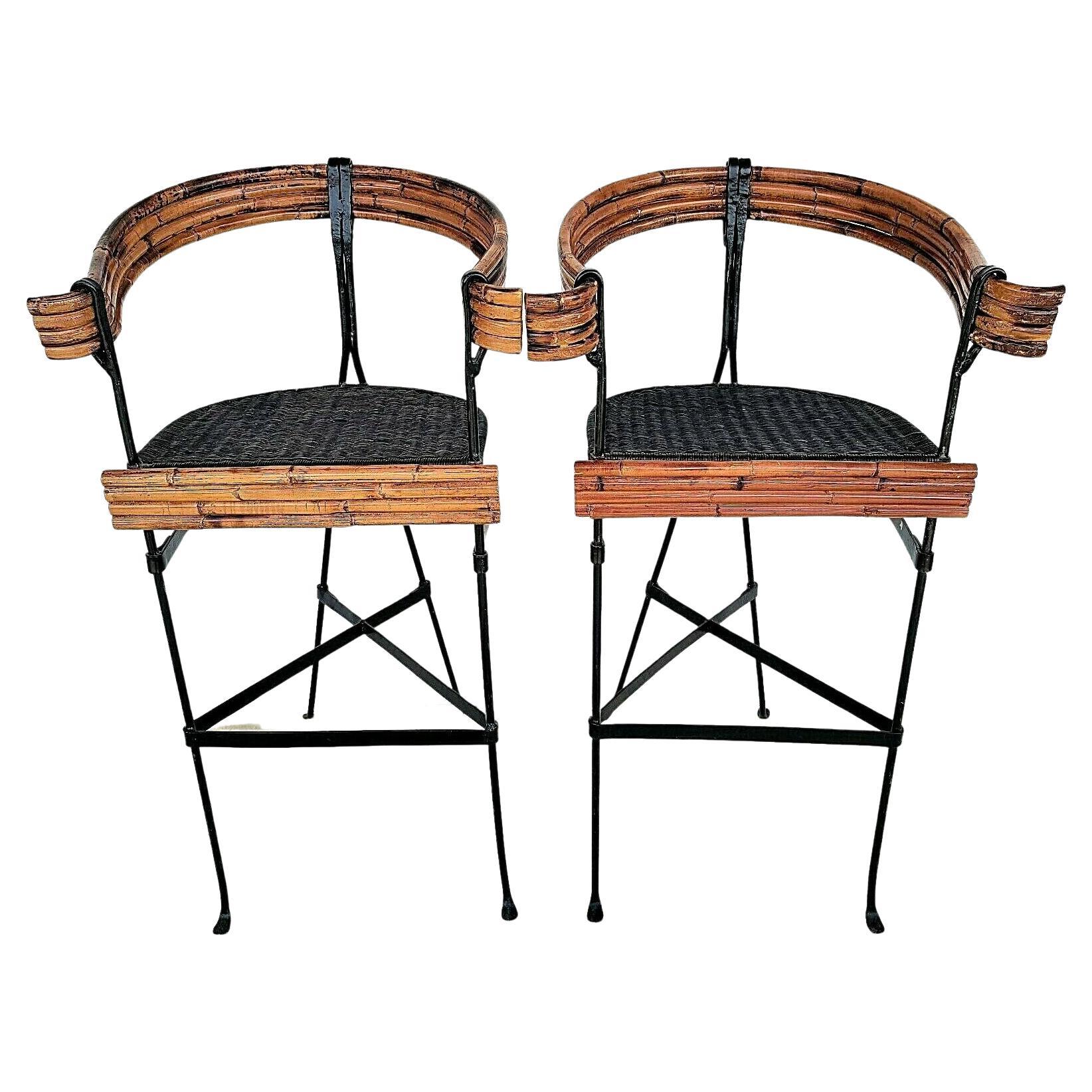 Pair of Spanish Wrought Iron and Leather Barstools For Sale at 1stDibs