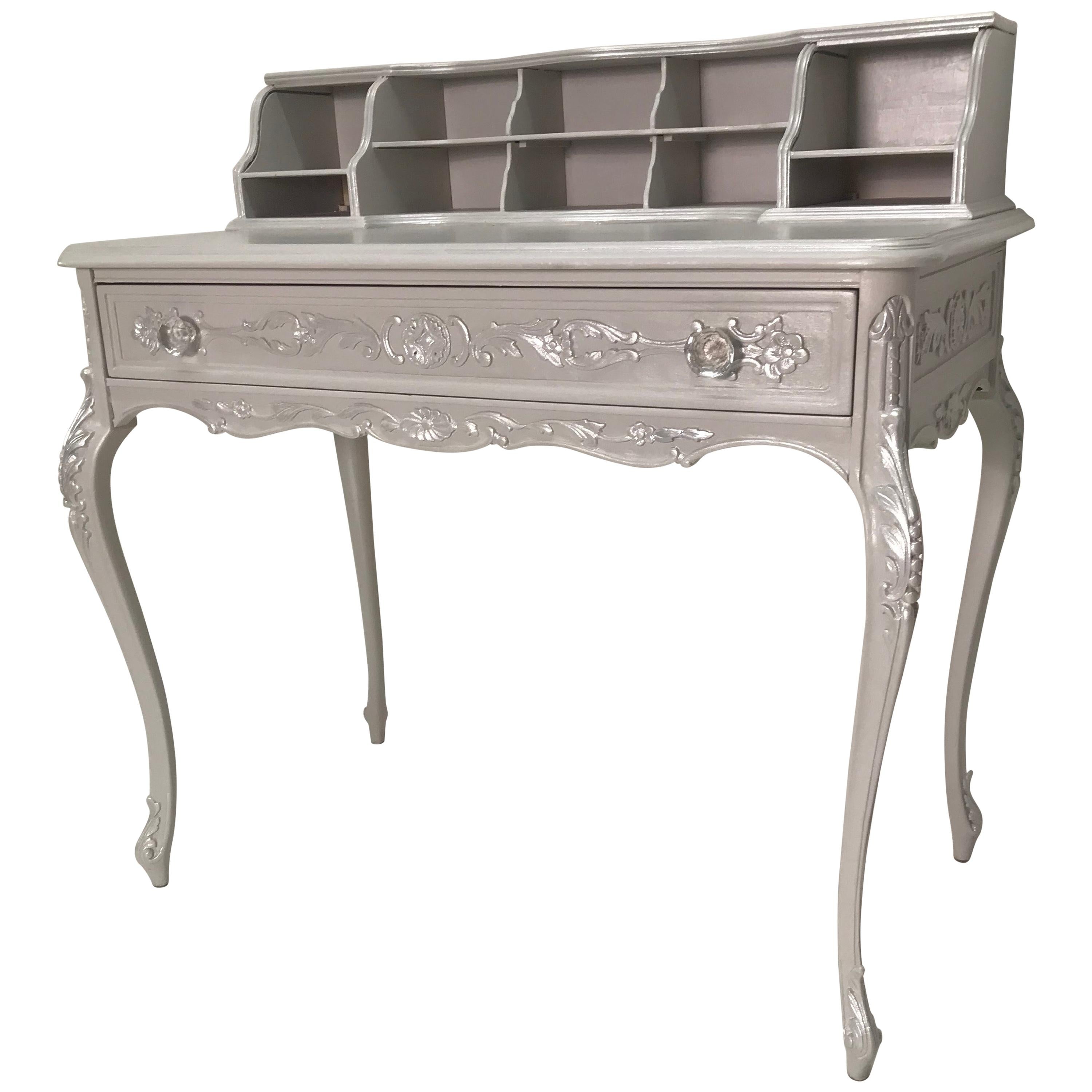 French Style Vintage Cubby Desk Hand Painted with Silver Glaze For Sale ...