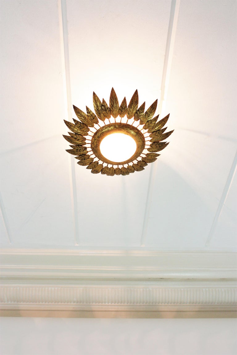 French Sunburst Flower Light Fixture in Gilt Iron and Milk Glass, 1950s ...