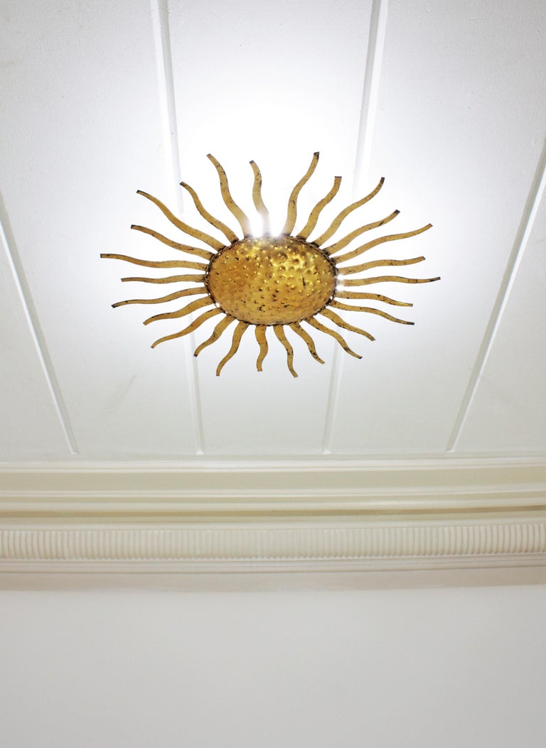Sunburst Ceiling Light Fixture or Chandelier in Gilt Wrought Iron ...