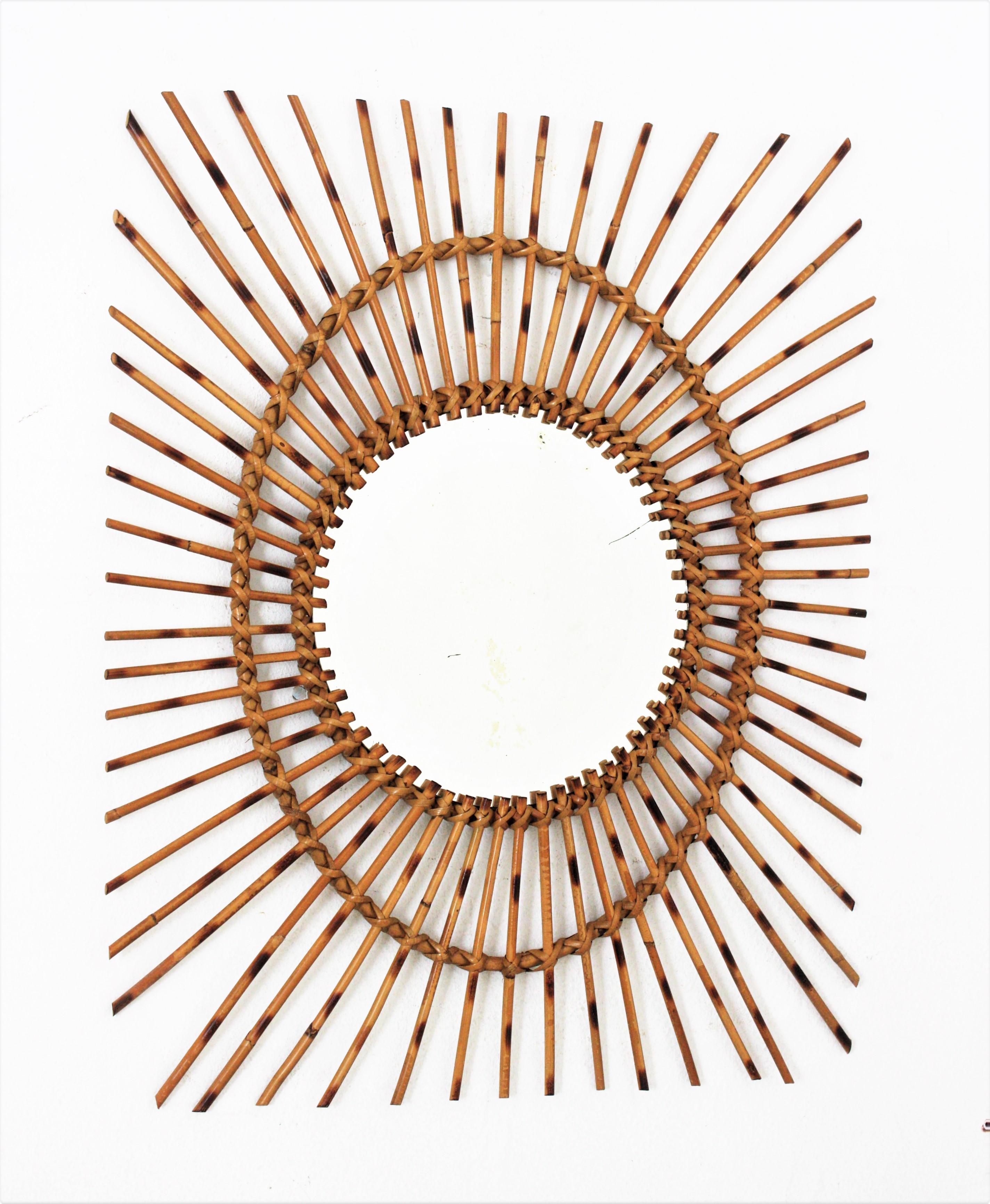 French Sunburst Rectangular Mirror in Rattan, 1960s For Sale at 1stDibs