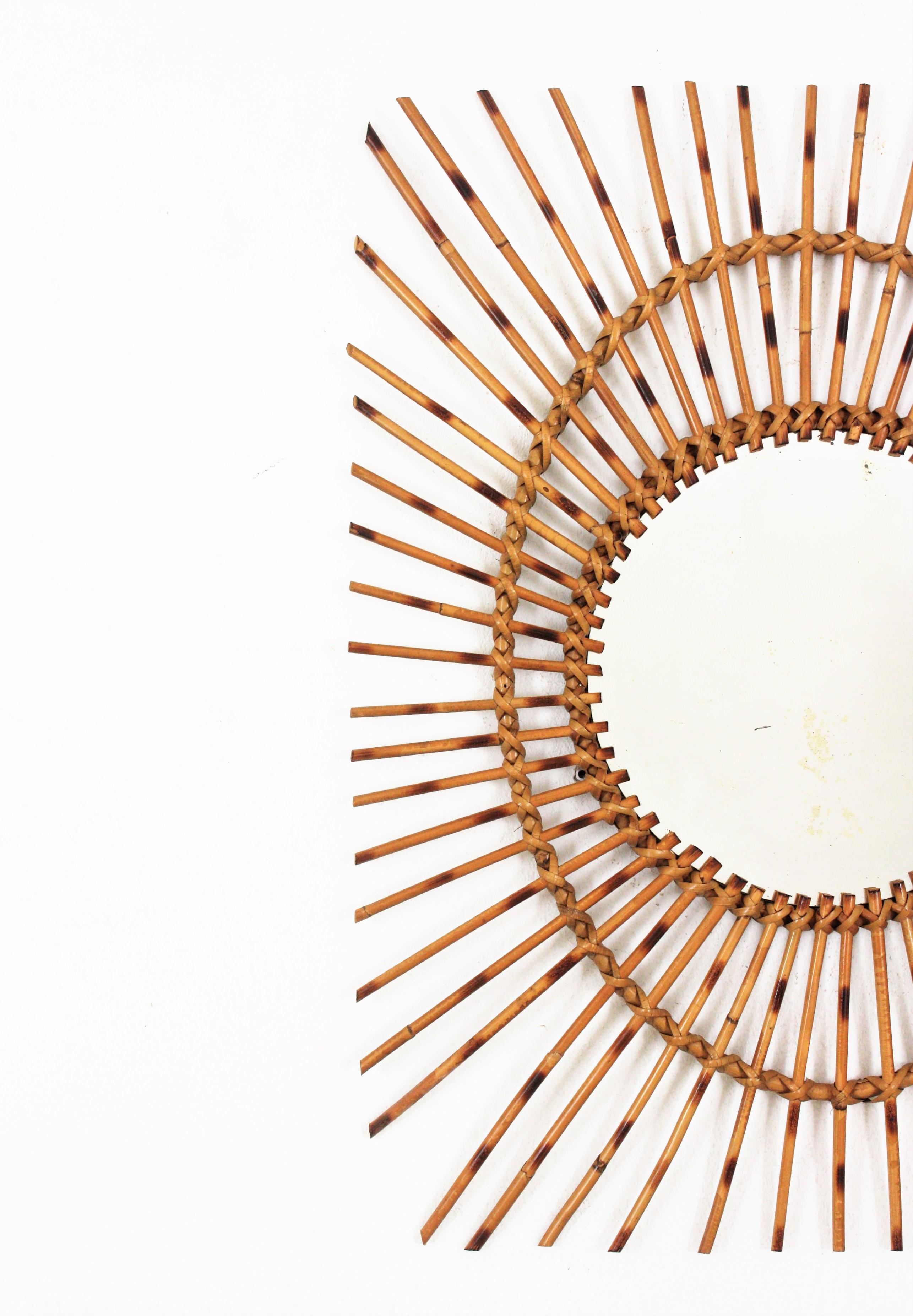 French Sunburst Rectangular Mirror in Rattan, 1960s For Sale at 1stDibs