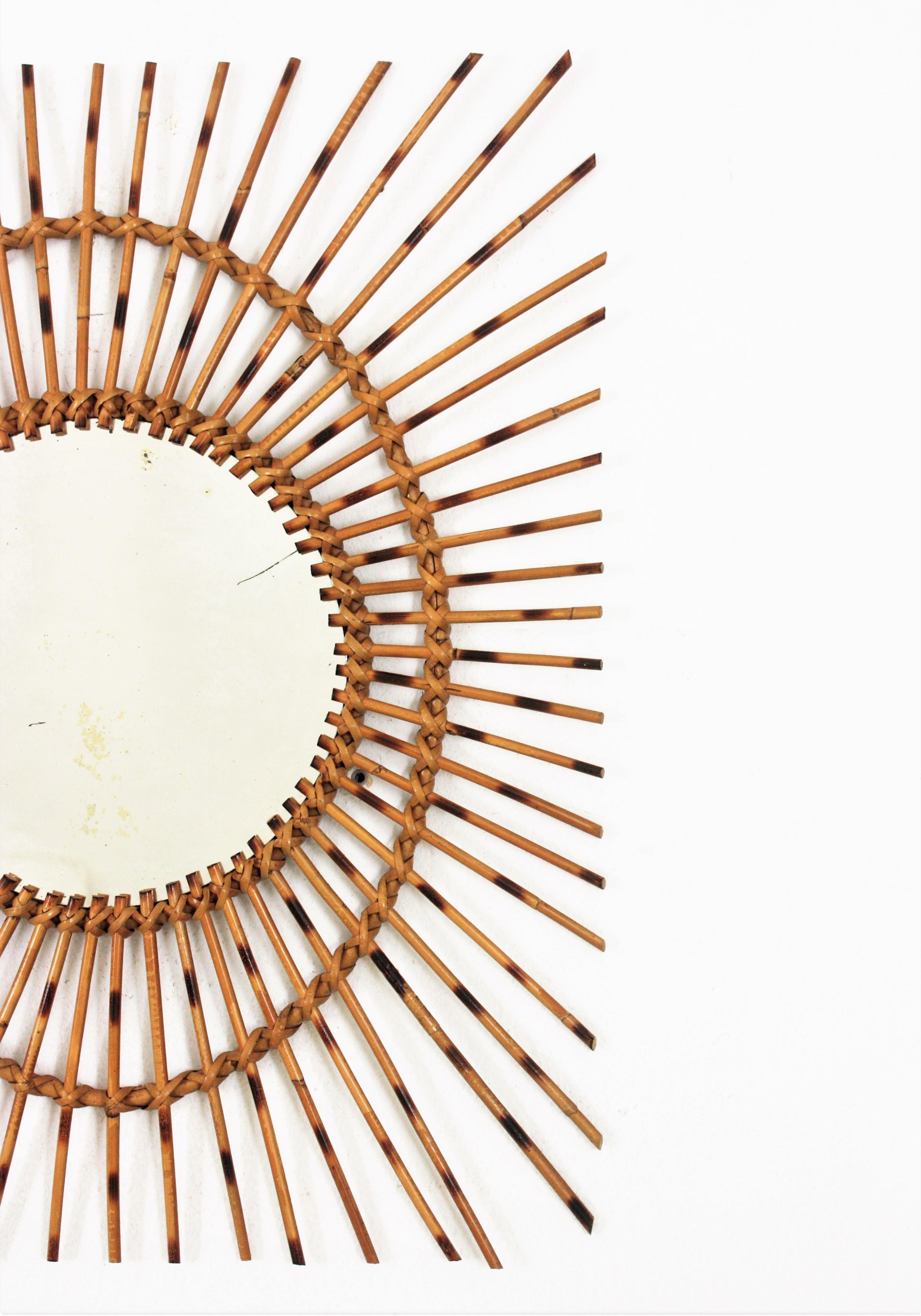 French Sunburst Rectangular Mirror in Rattan, 1960s For Sale at 1stDibs