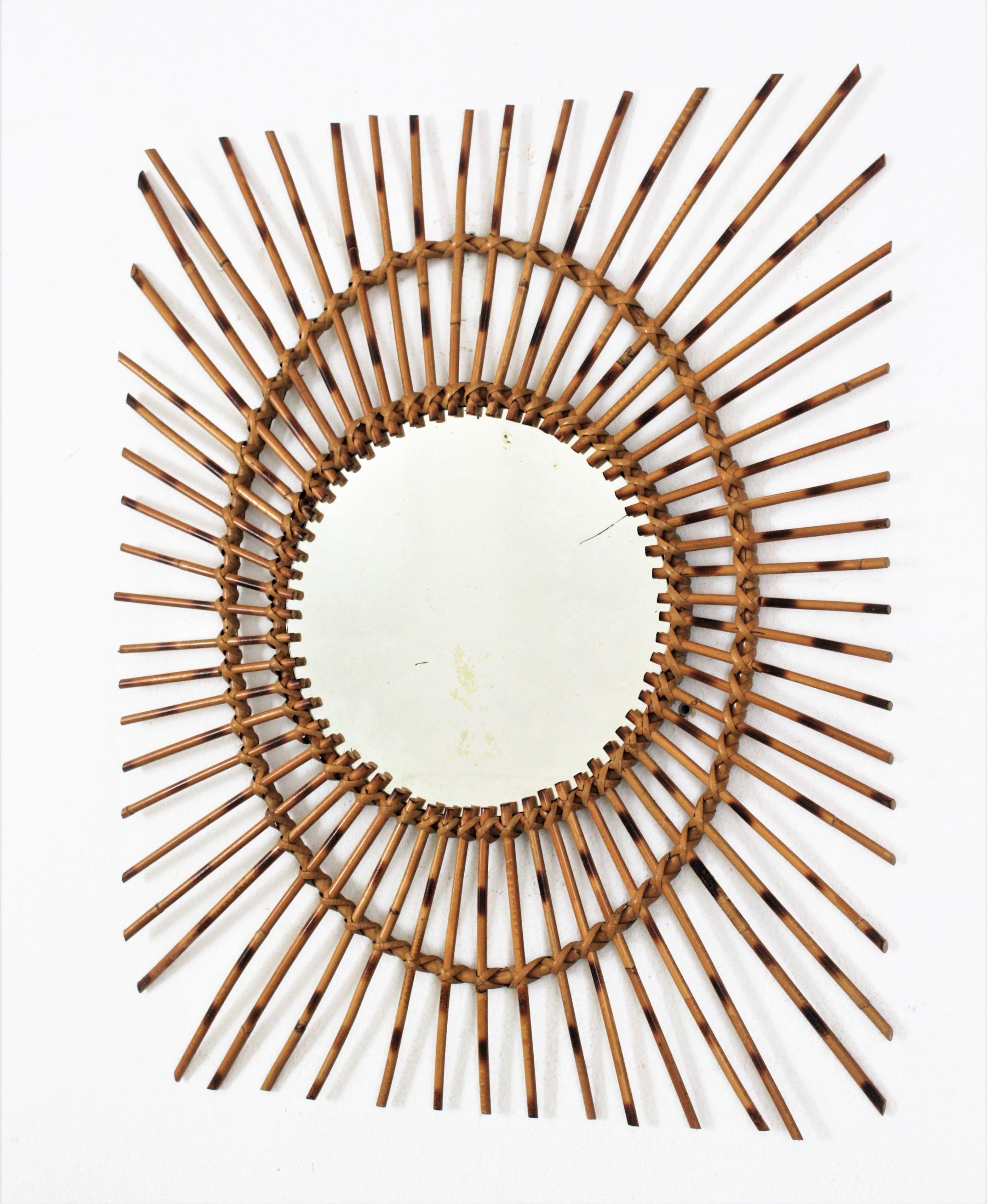 French Sunburst Rectangular Mirror in Rattan, 1960s For Sale at 1stDibs