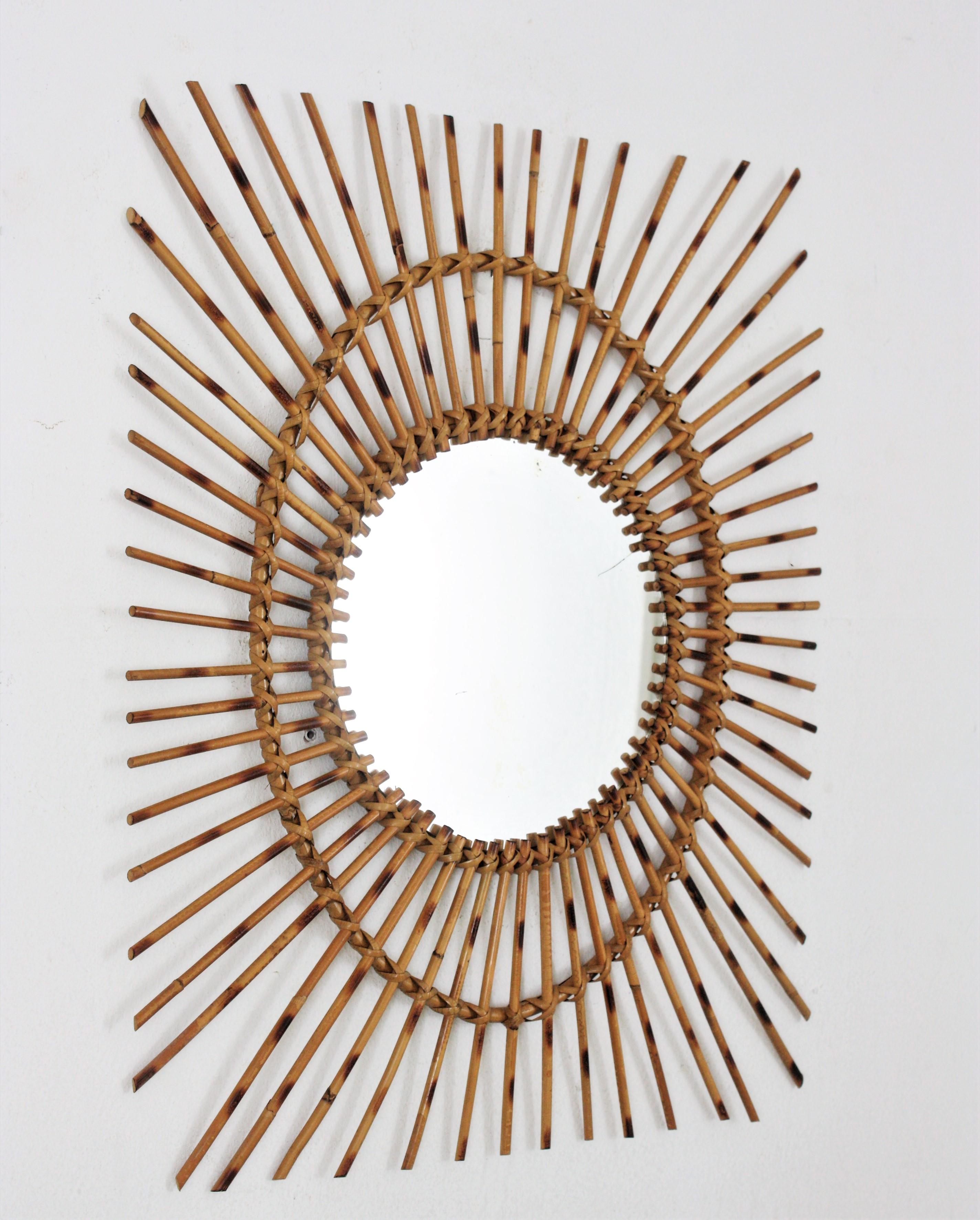 French Sunburst Rectangular Mirror in Rattan, 1960s For Sale at 1stDibs