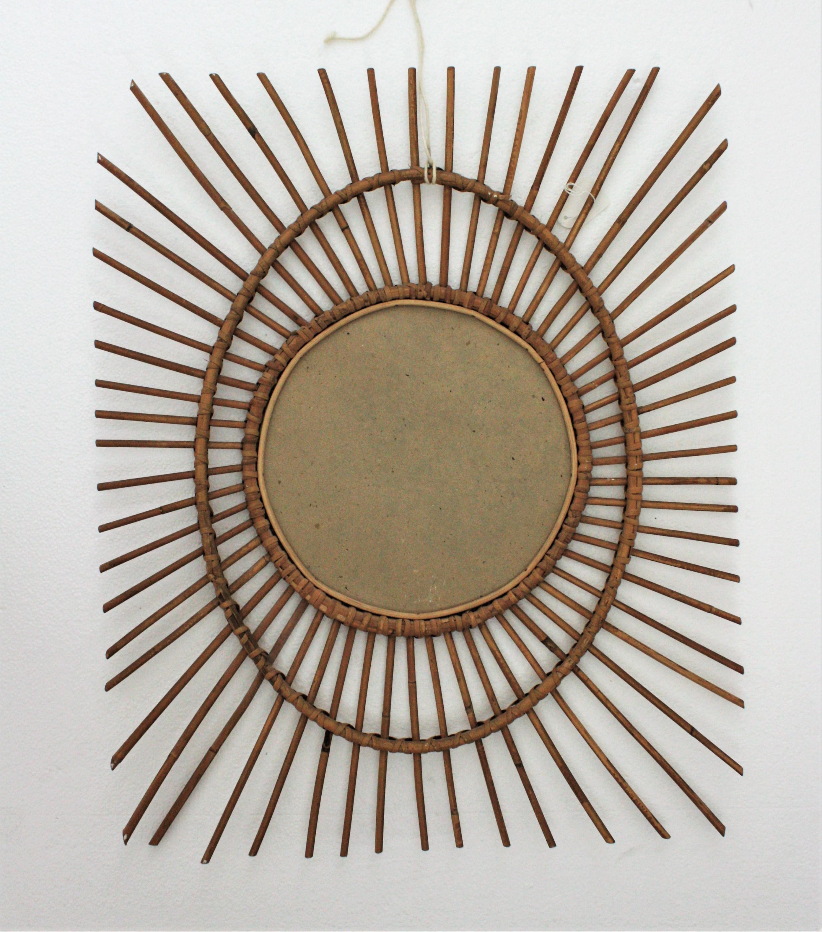 French Sunburst Rectangular Mirror in Rattan, 1960s For Sale at 1stDibs