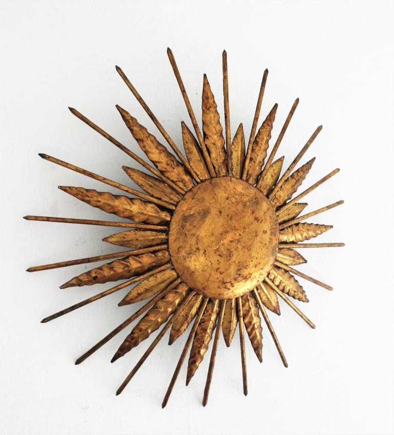 French Sunburst Spikey Light Fixture in Gilt Iron, 1940s For Sale at ...