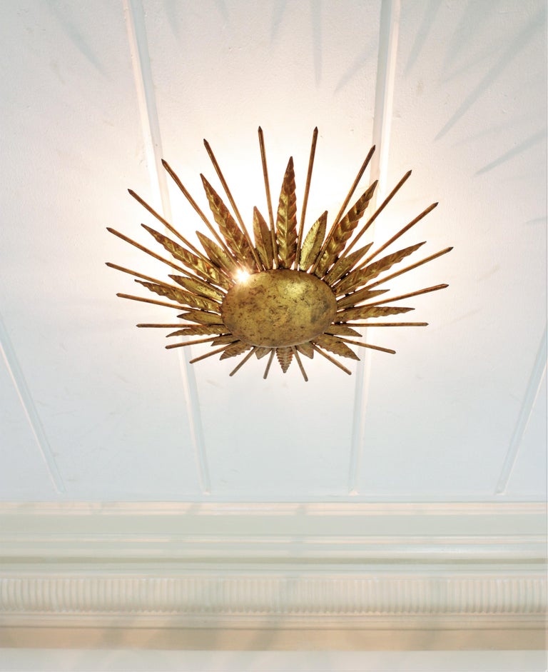 French Sunburst Spikey Light Fixture in Gilt Iron, 1940s For Sale at ...