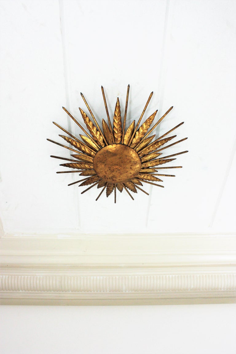 French Sunburst Spikey Light Fixture in Gilt Iron, 1940s For Sale at ...