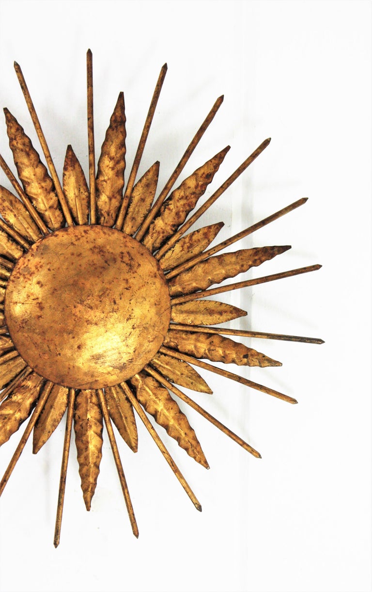 French Sunburst Spikey Light Fixture in Gilt Iron, 1940s For Sale at ...