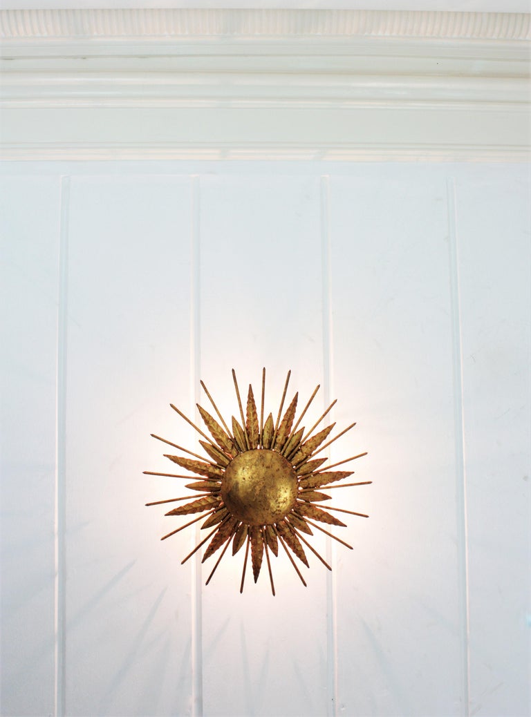 French Sunburst Spikey Light Fixture in Gilt Iron, 1940s For Sale at ...