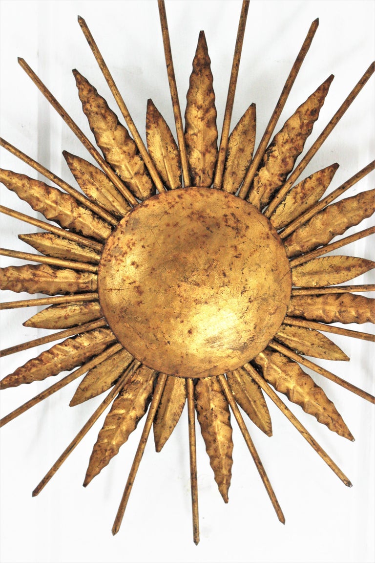 French Sunburst Spikey Light Fixture in Gilt Iron, 1940s For Sale at ...