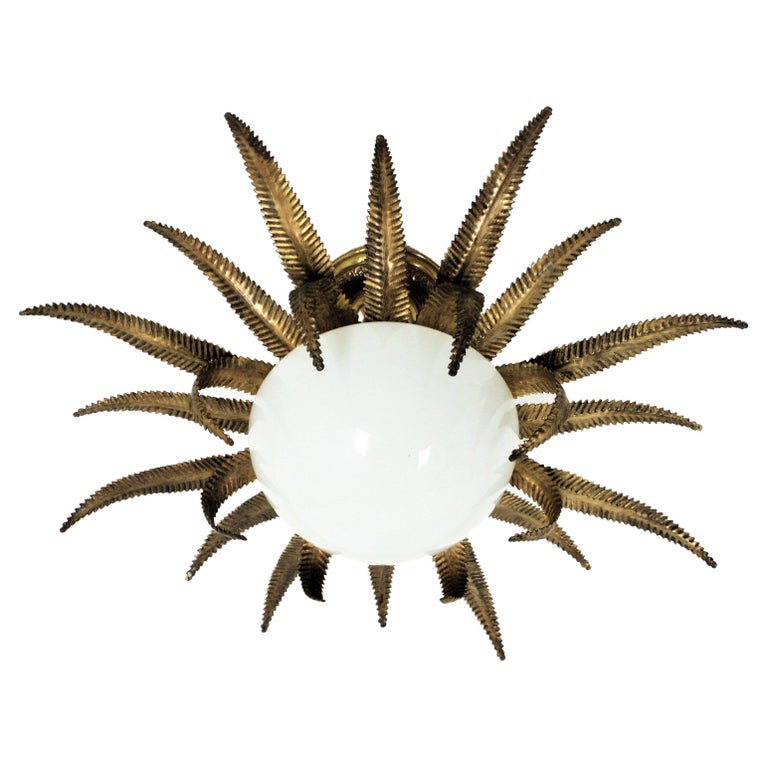 French Sunburst Starburst Light Fixture, Gilt Metal and Milk Glass For ...