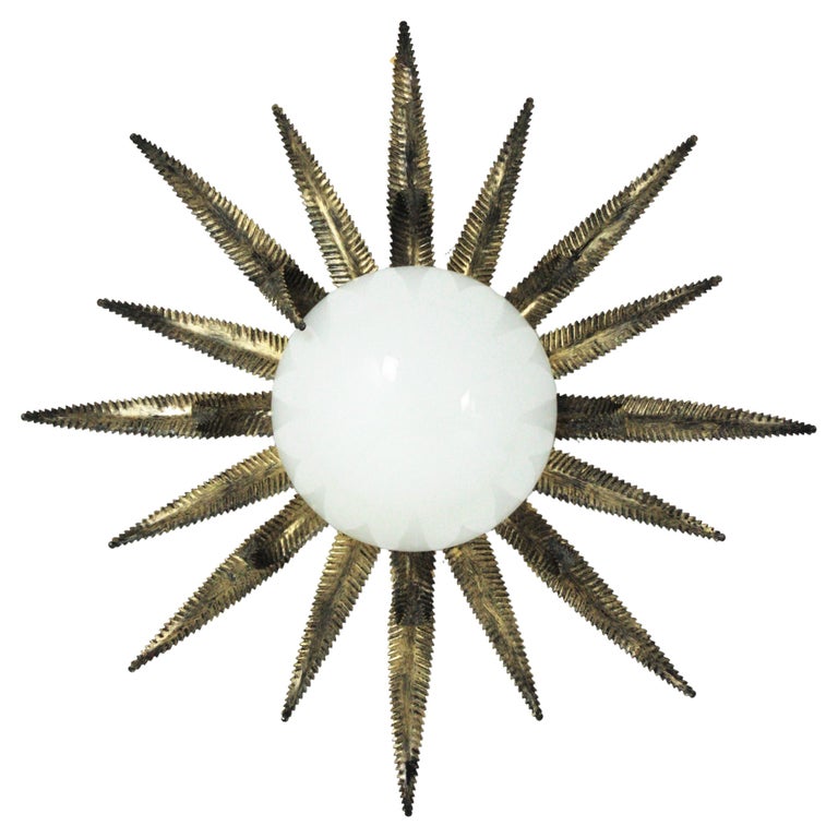 French Sunburst Starburst Light Fixture, Gilt Metal and Milk Glass For ...