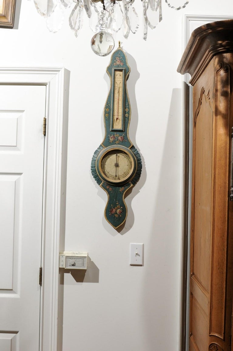 French Tall Provençal Barometer with Hand Painted Floral Decor, circa ...
