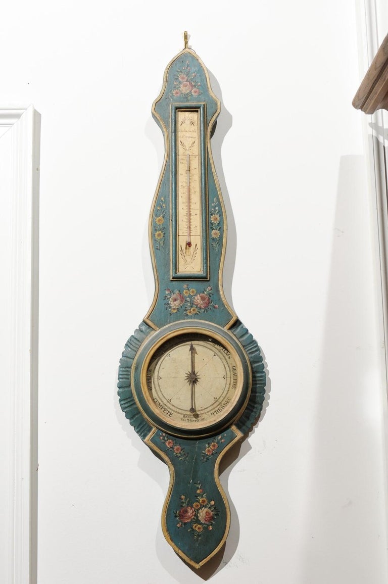 French Tall Provençal Barometer with Hand Painted Floral Decor, circa ...