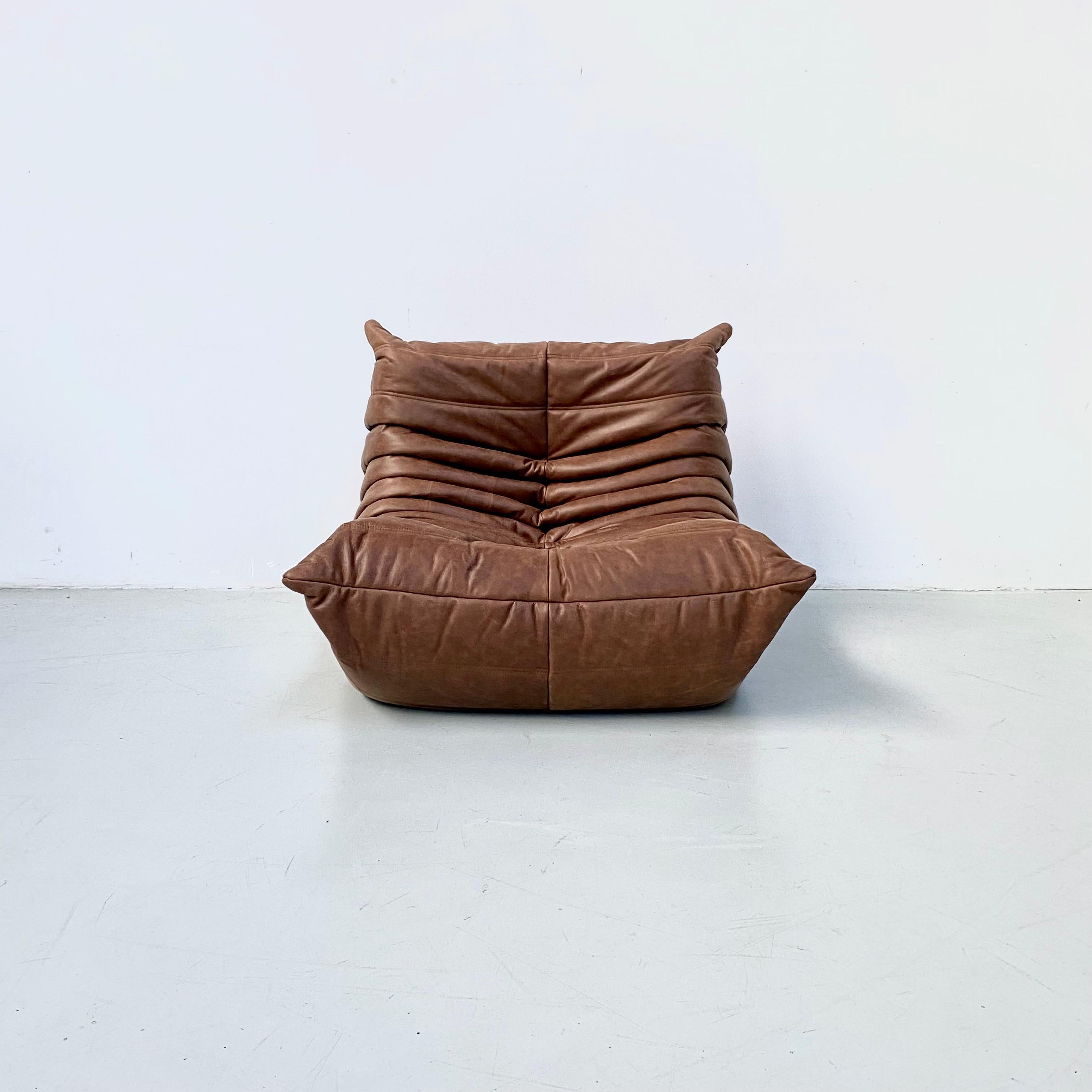 French Togo Chair in Chestnut Leather by Michel Ducaroy for Ligne Roset ...