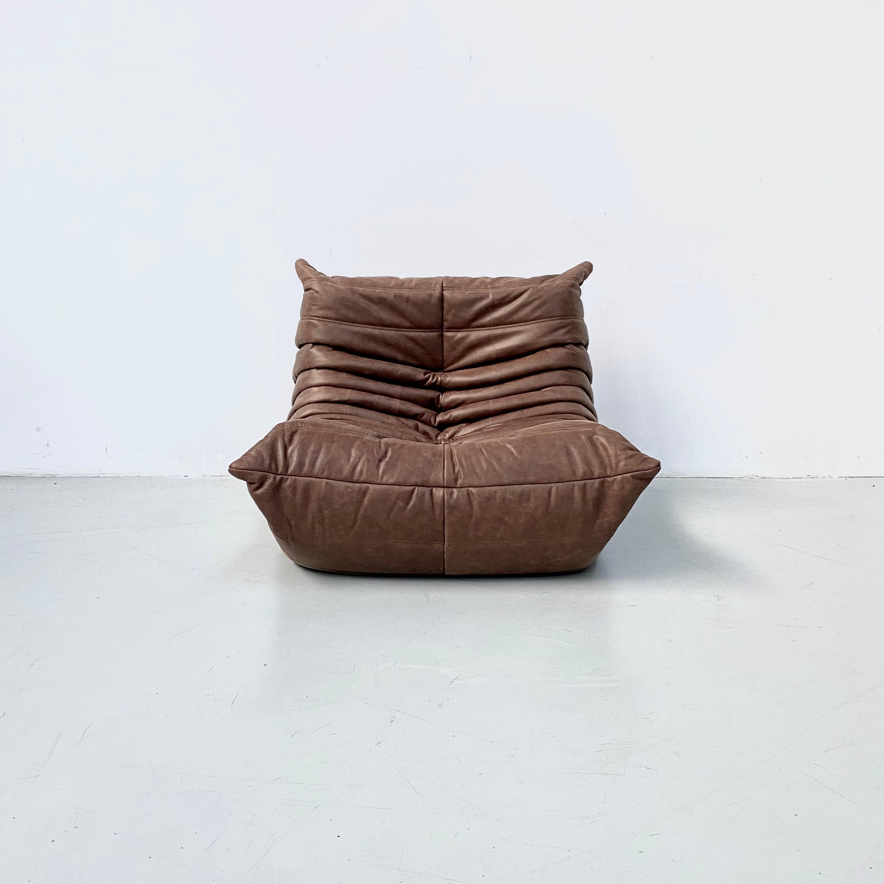 French Togo Chair in Chestnut Leather by Michel Ducaroy for Ligne Roset ...