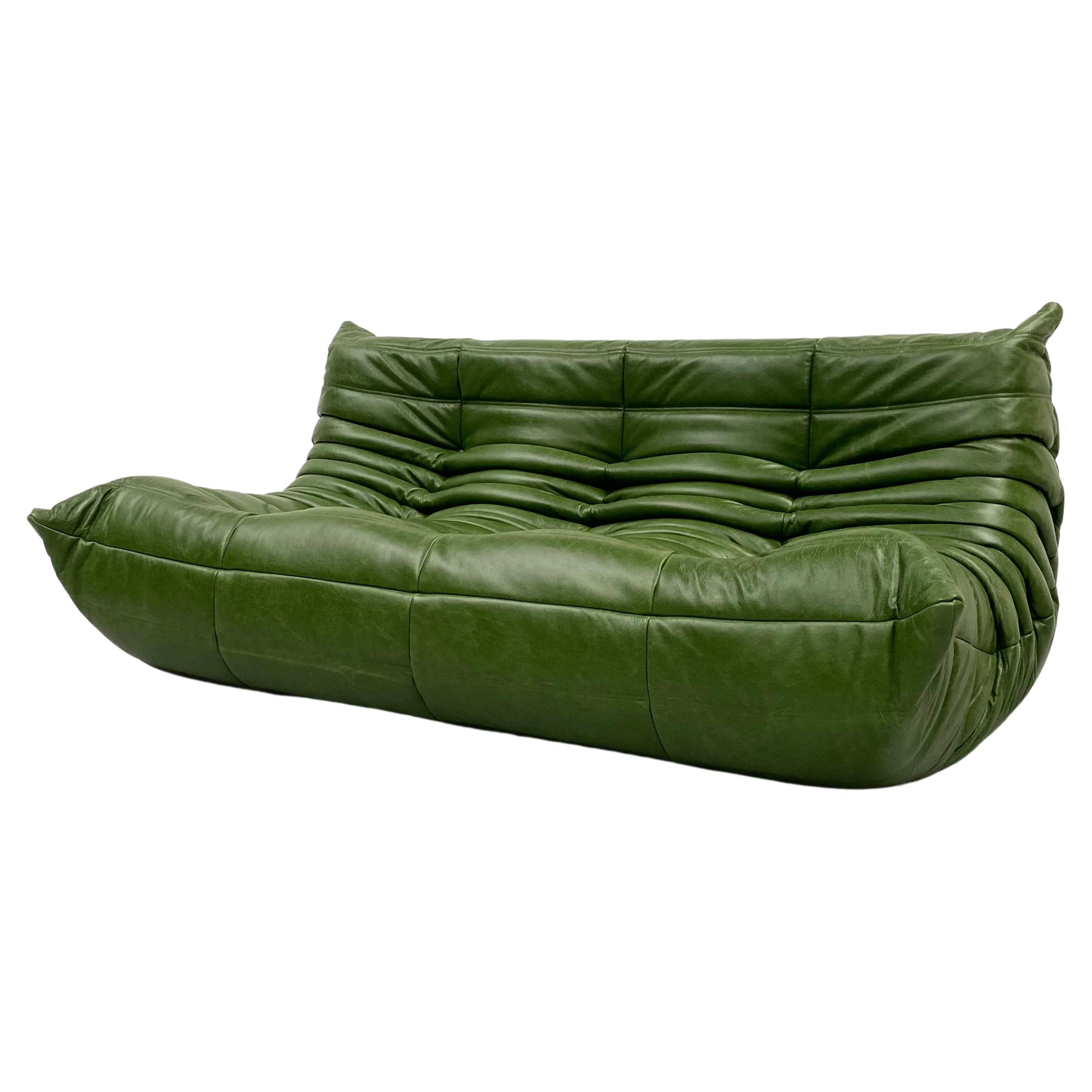 French 3-seater Togo Sofa in Green Leather by Michel Ducaroy for Ligne Roset. For Sale at ...