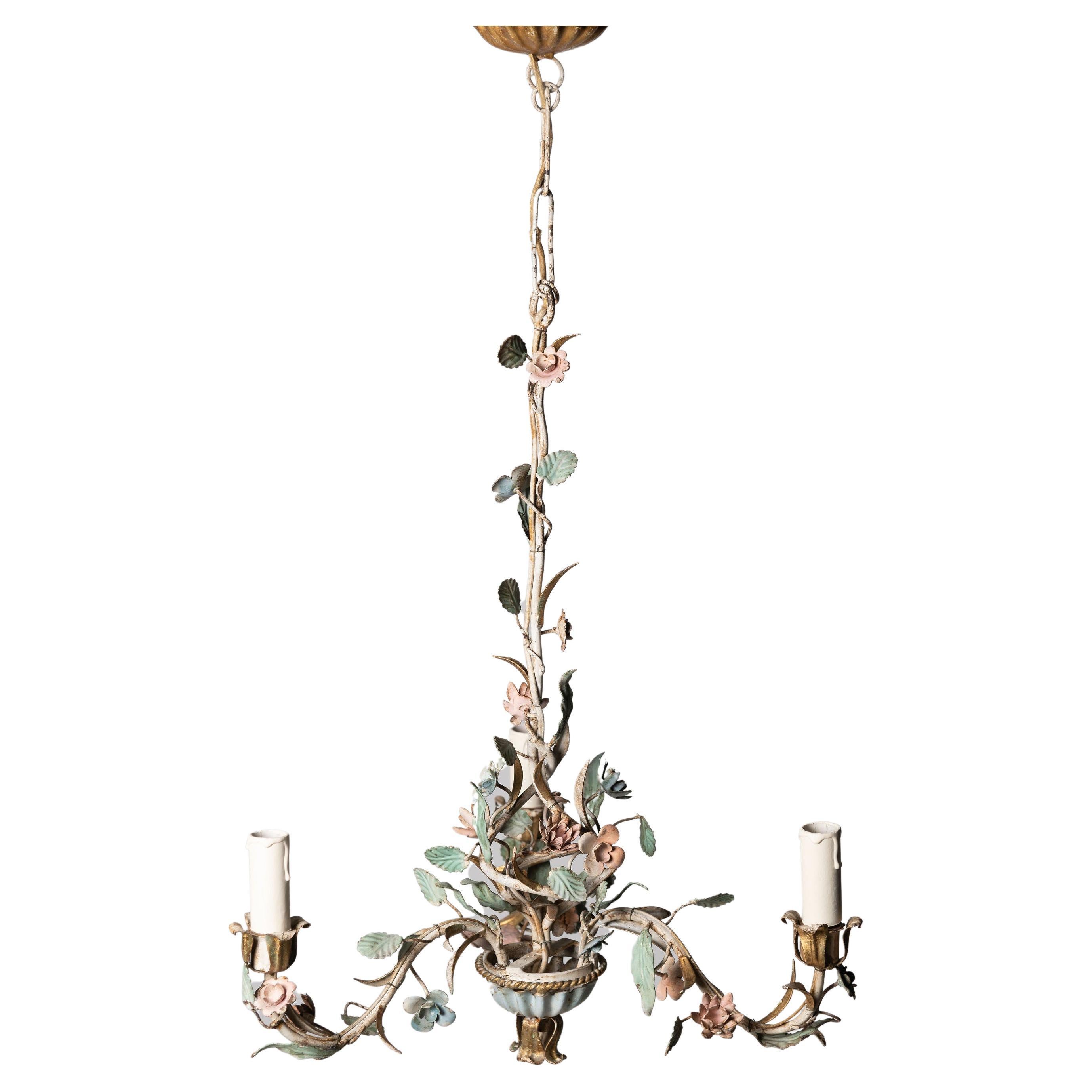 French tole chandelier, iron, original paint, not wired For Sale at 1stDibs