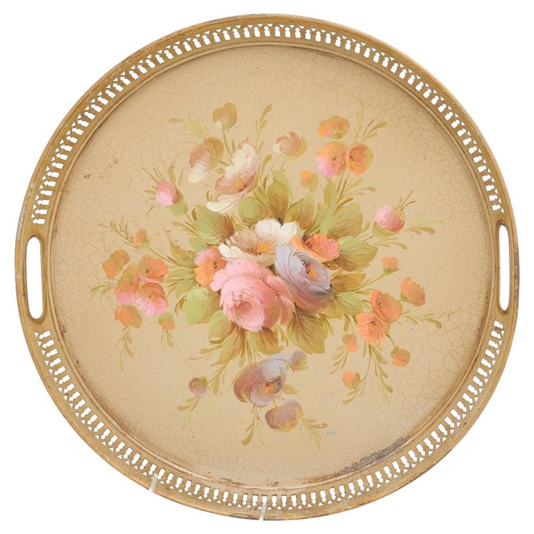 French, Tôle Tray with Hand-Painted Bouquet of Roses and Pierced ...