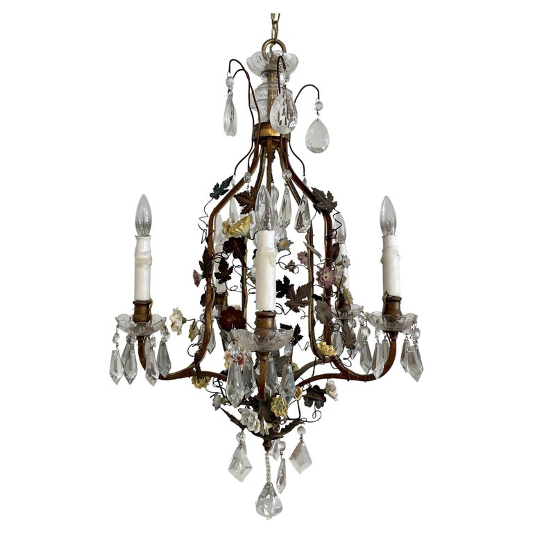 French Tole With Porcelain Flower Details Chandelier For Sale at 1stDibs