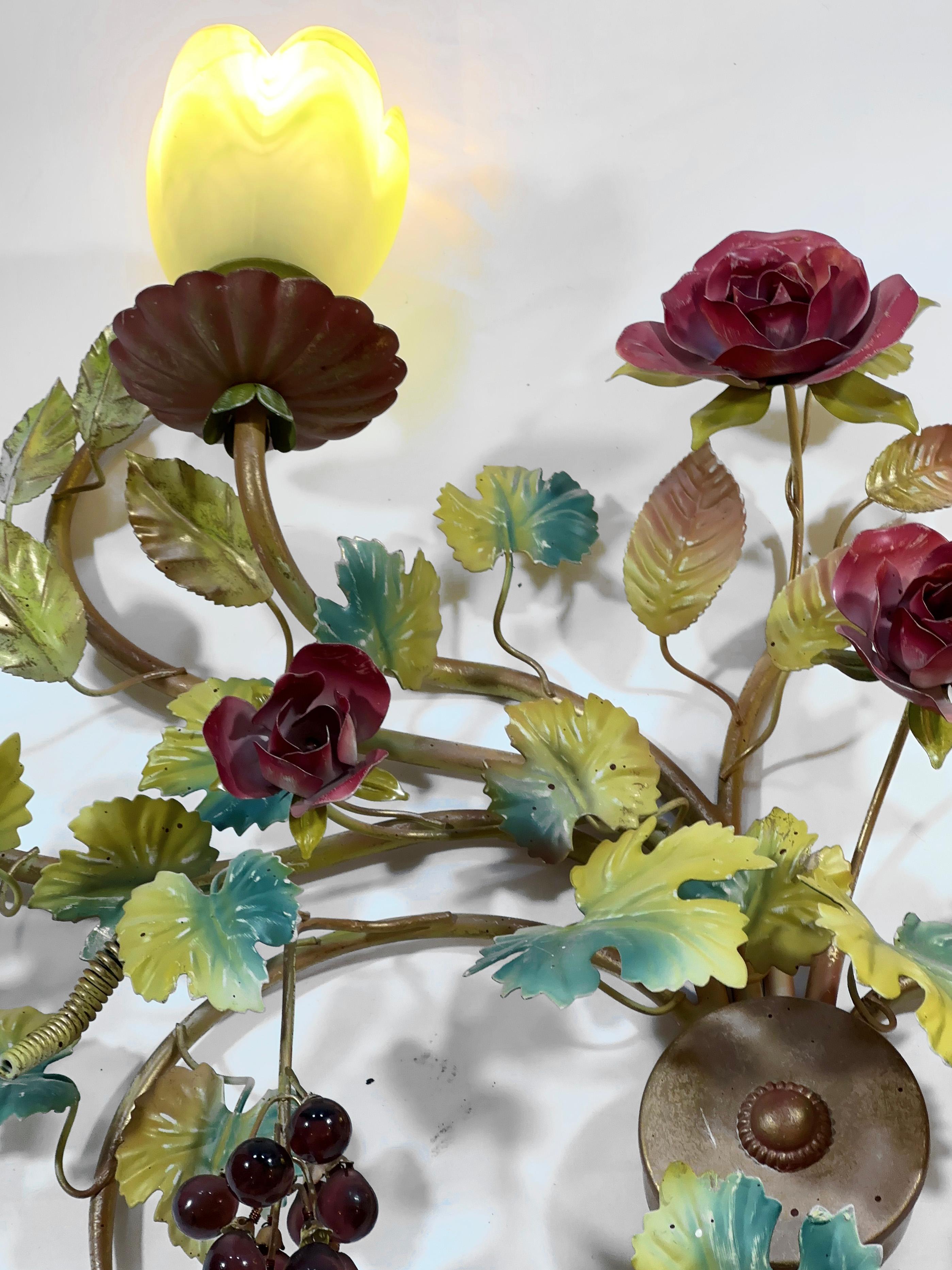 French, Toleware-Inspired, Colourful Floral and Vine Metal Wall Light ...