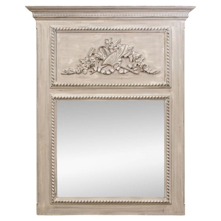 French Trumeau Mirror In Distressed Taupe Gray Paint Finish For Sale at ...