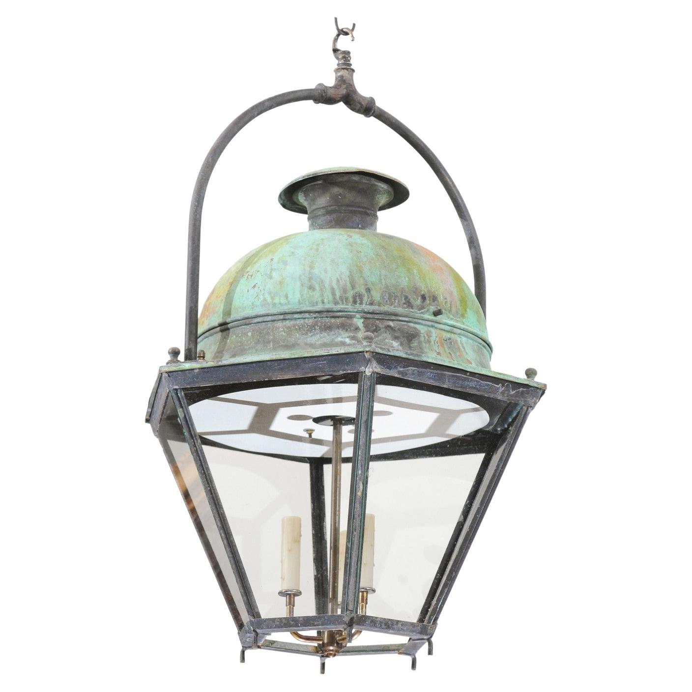 Large English Turn of the Century Hexagonal Copper Lantern with Glass ...