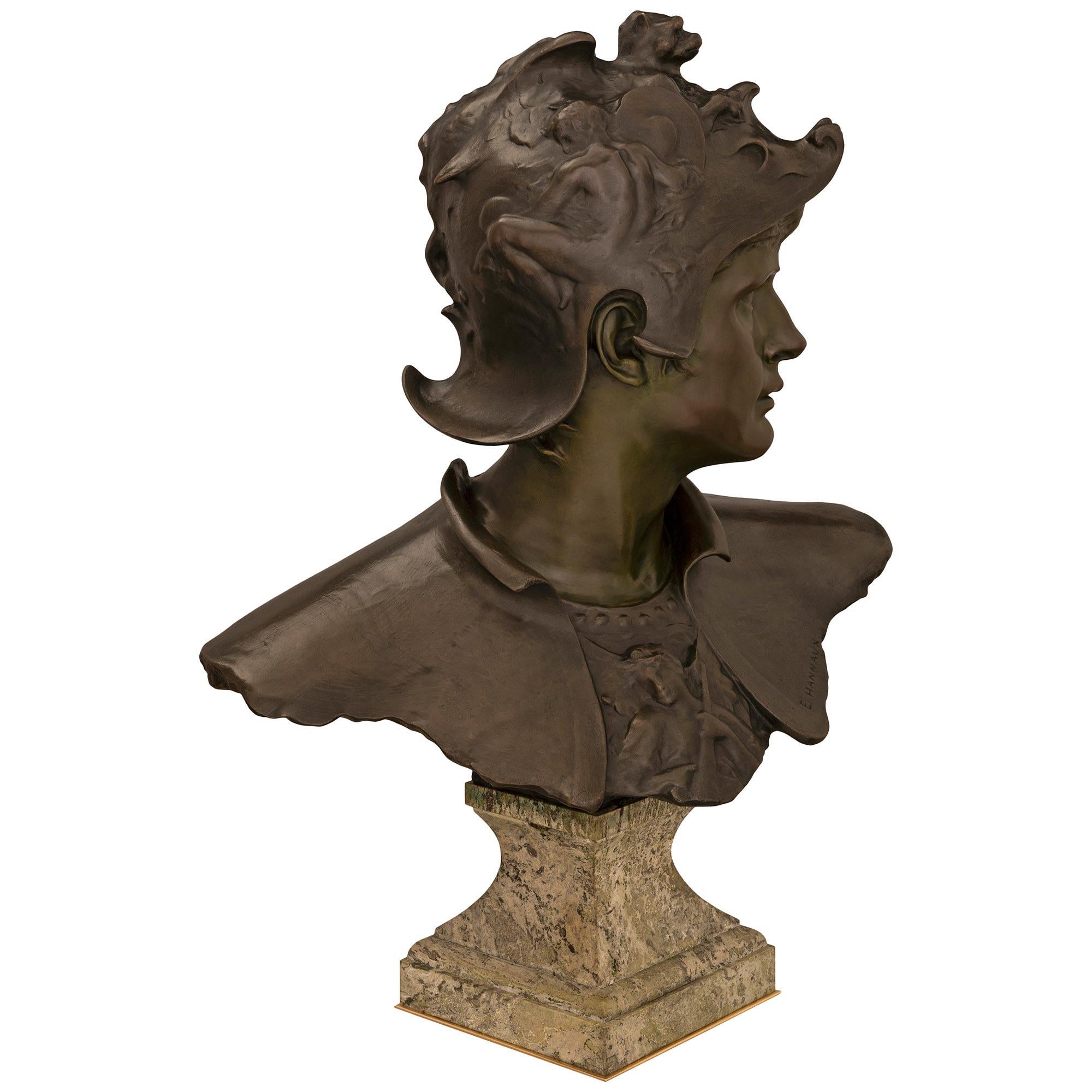French Turn of the Century Bronze and Marble Bust of a Warrior Singed E ...