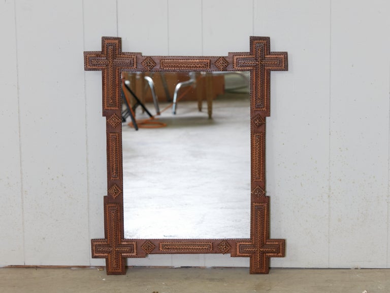 French Turn of the Century Tramp Art Mirror with Raised Geometric ...